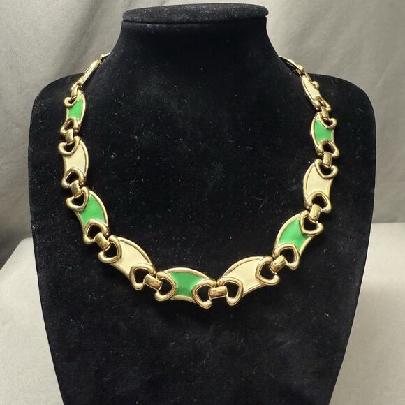 Monet | Jewelry | Vintage Monet Green Cream Enamel Link Necklace Gold ...